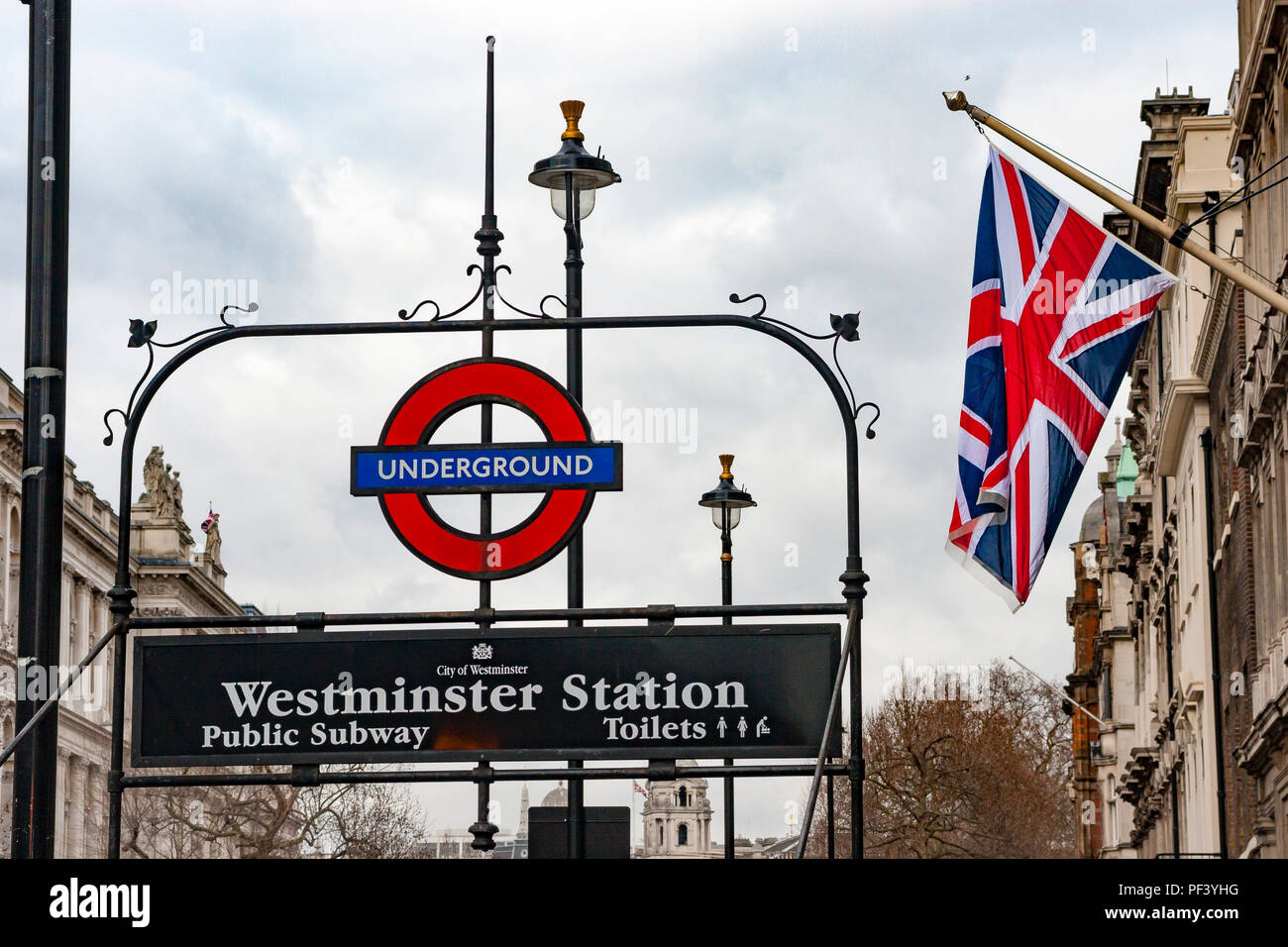 Entrance to Westminster Underground station with Union Flag in ...