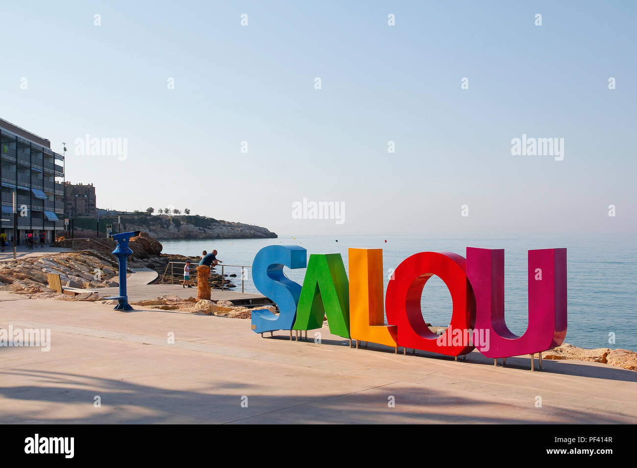 Colorful text in Llevant beach in Salou, a major tourist destination at ...