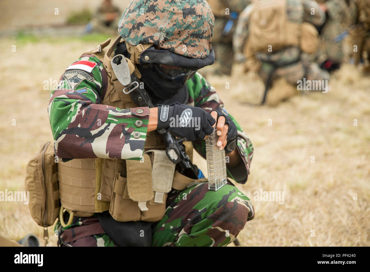 An Indonesian Marine, as part of a military exchange program, loads a ...