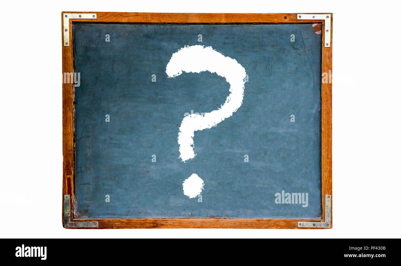 Question mark white sign drawing on a blue old grungy vintage wooden ...