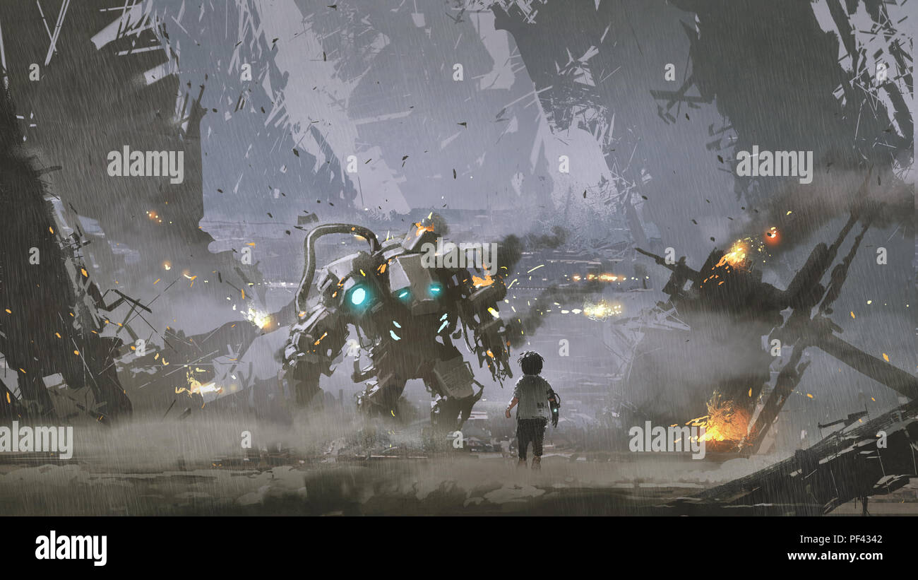 scene of the boy looking at the damaged robot who protected him from ...