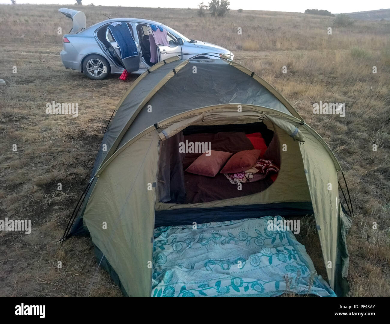 Set up a tent on the grass green Stock Photo - Alamy