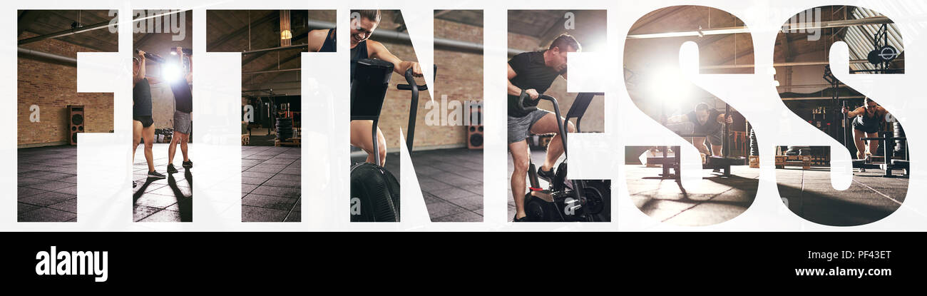 Collage of two fit young people in sportswear working out together with ...