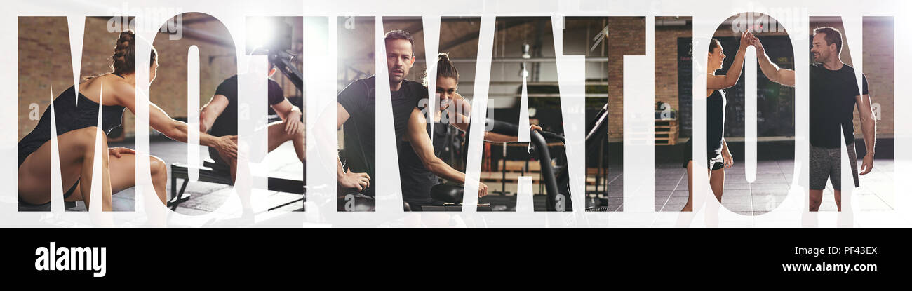 Collage of two fit young people congratulating each other after working ...