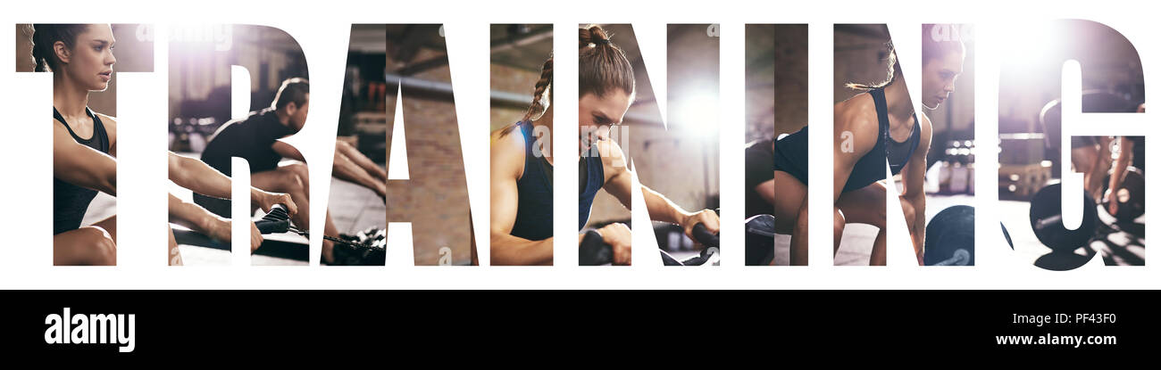 Collage of a fit young woman in sportswear working out with gym ...