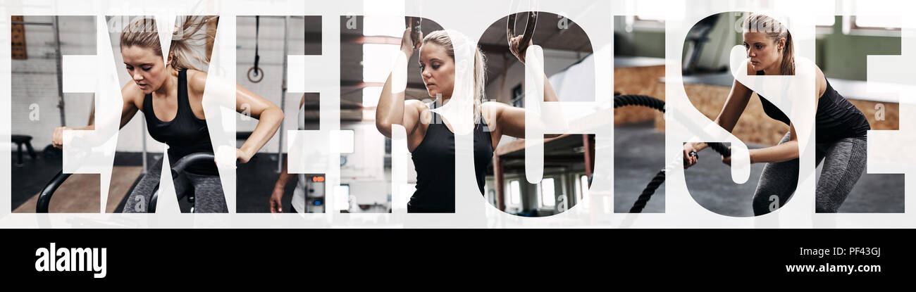 Collage of a fit young woman working out with various equipment in a ...