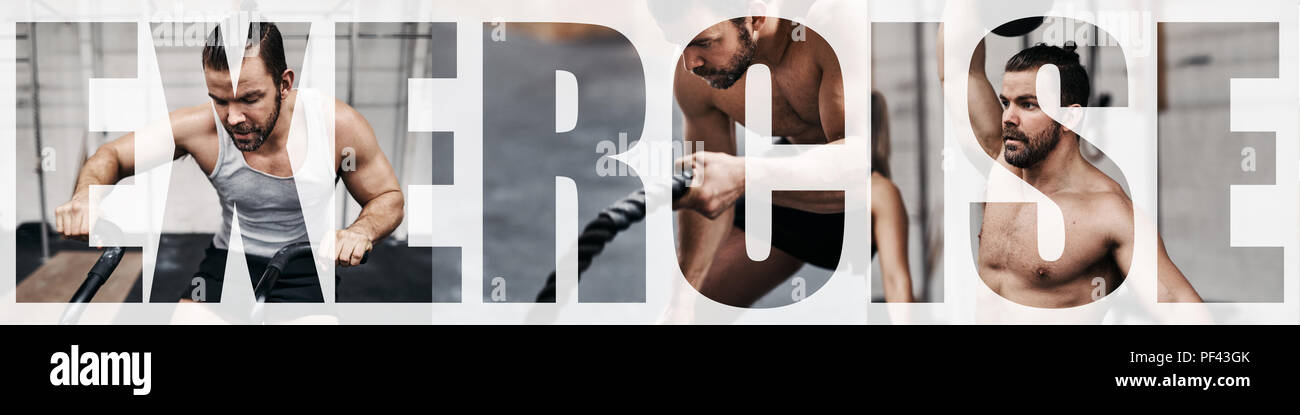 Collage of a fit young man working out with various equipment in a gym ...