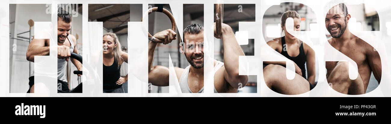 Collage of two fit young people smiling while working out together in a ...
