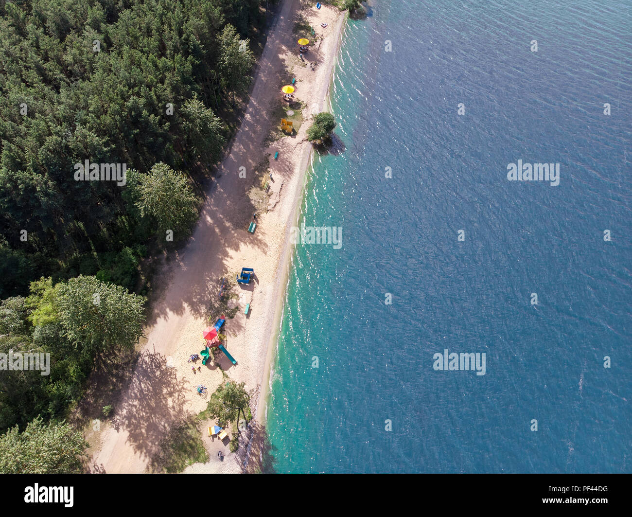 aerial top view of sandy beach, lake and forest. summer landscape Stock ...
