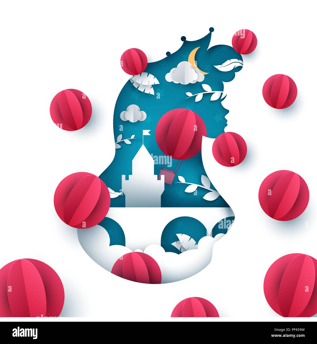 Cartoon paper landscape. Princess, castle, air balloon illustration ...