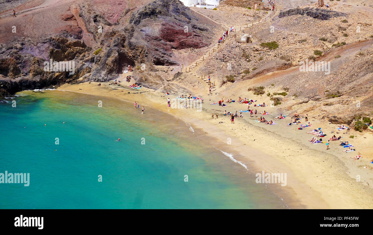 LANZAROTE, SPAIN - APRIL 18, 2018: aerial view of Playa Papagayo beach ...