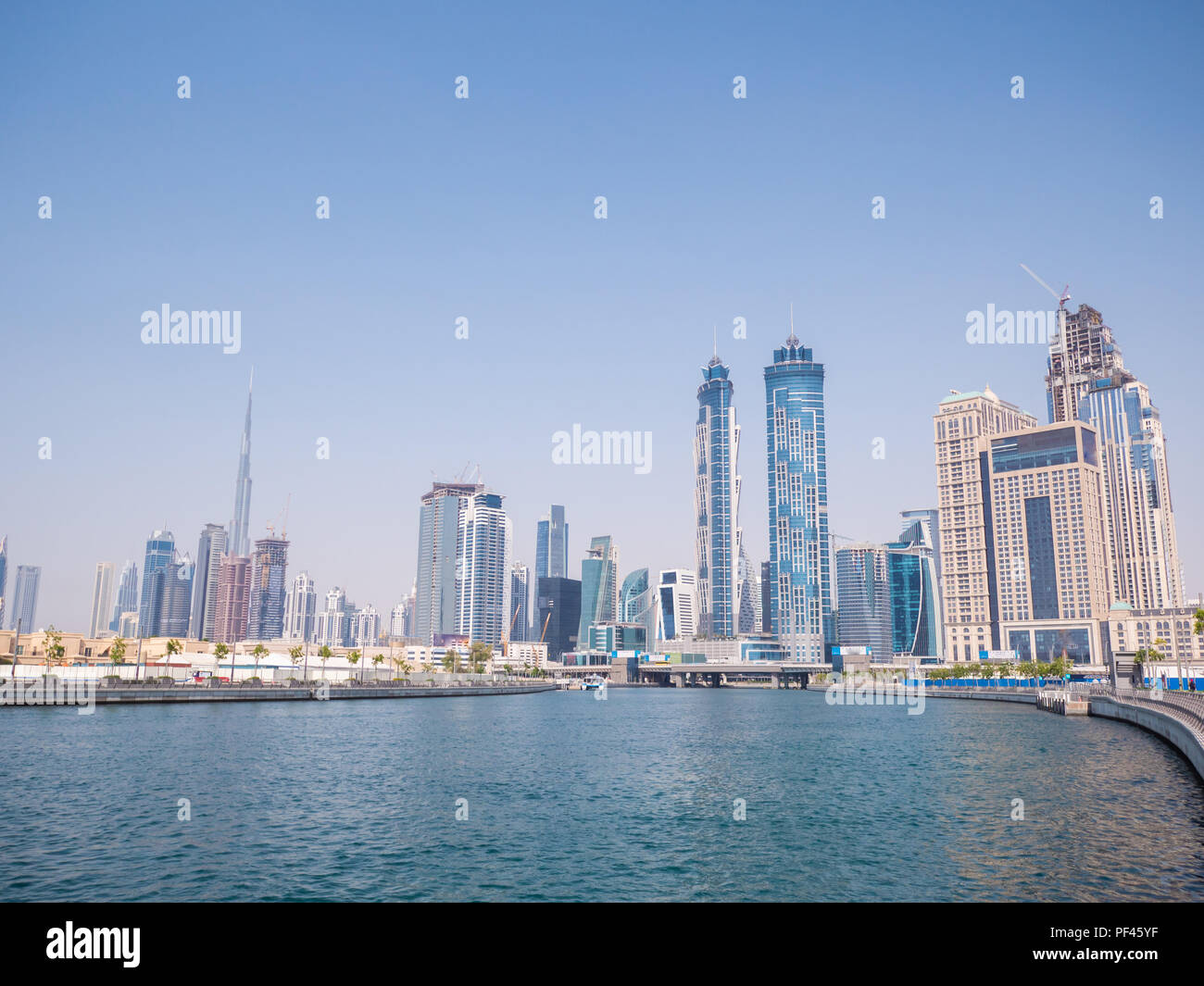 Panorama of the city of Dubai from the bridge of the river channel ...