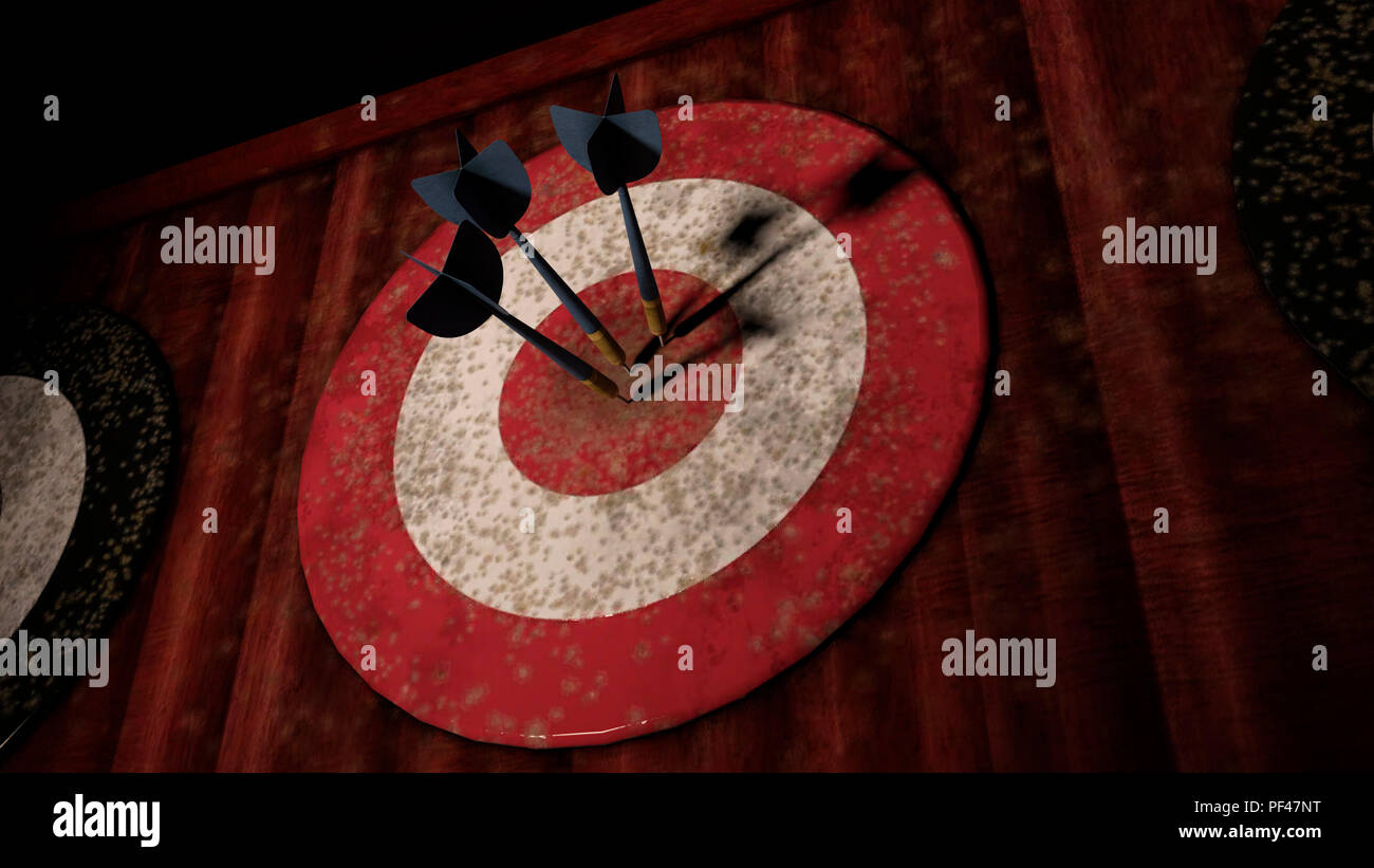 Red Dart Board with 3 dart arrows hitting target - 3d rendering Stock ...