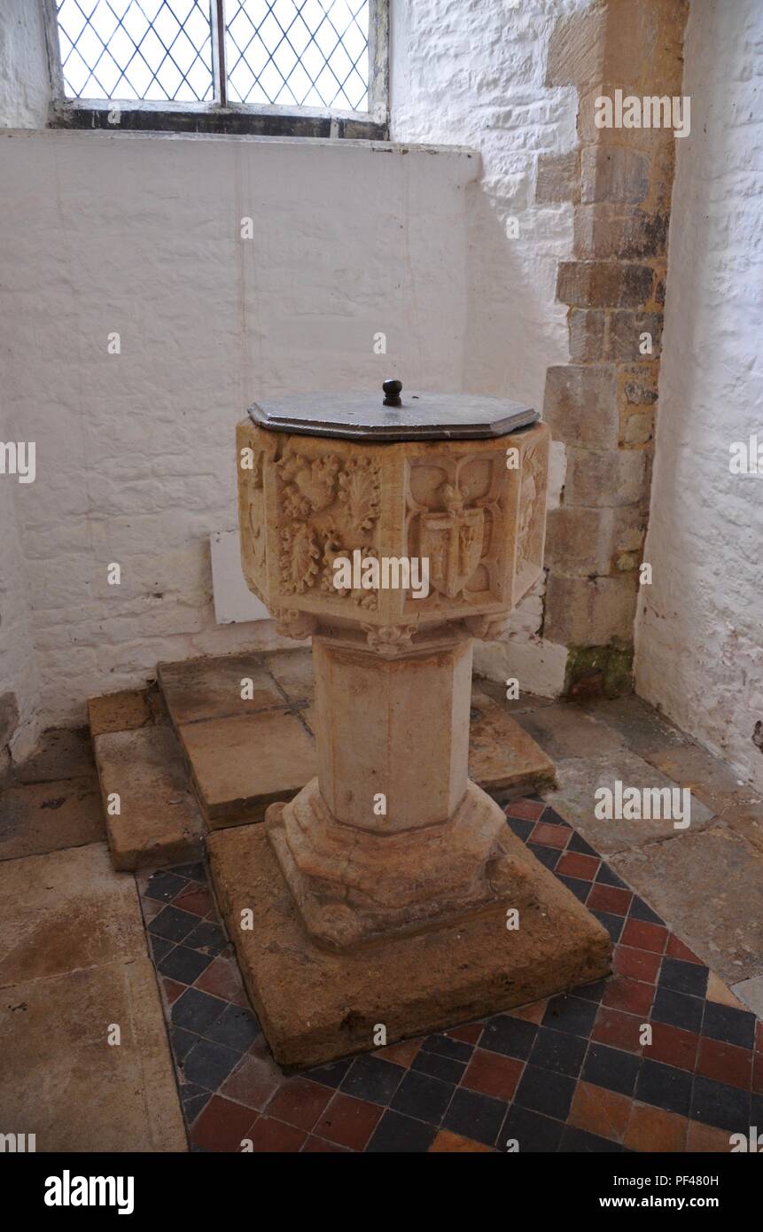 15th century font in St Lawrence's Church, Snarford, Lincolnshire, UK ...