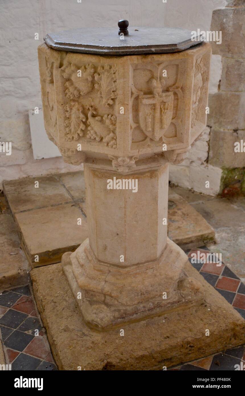 15th century font in St Lawrence's Church, Snarford, Lincolnshire, UK ...