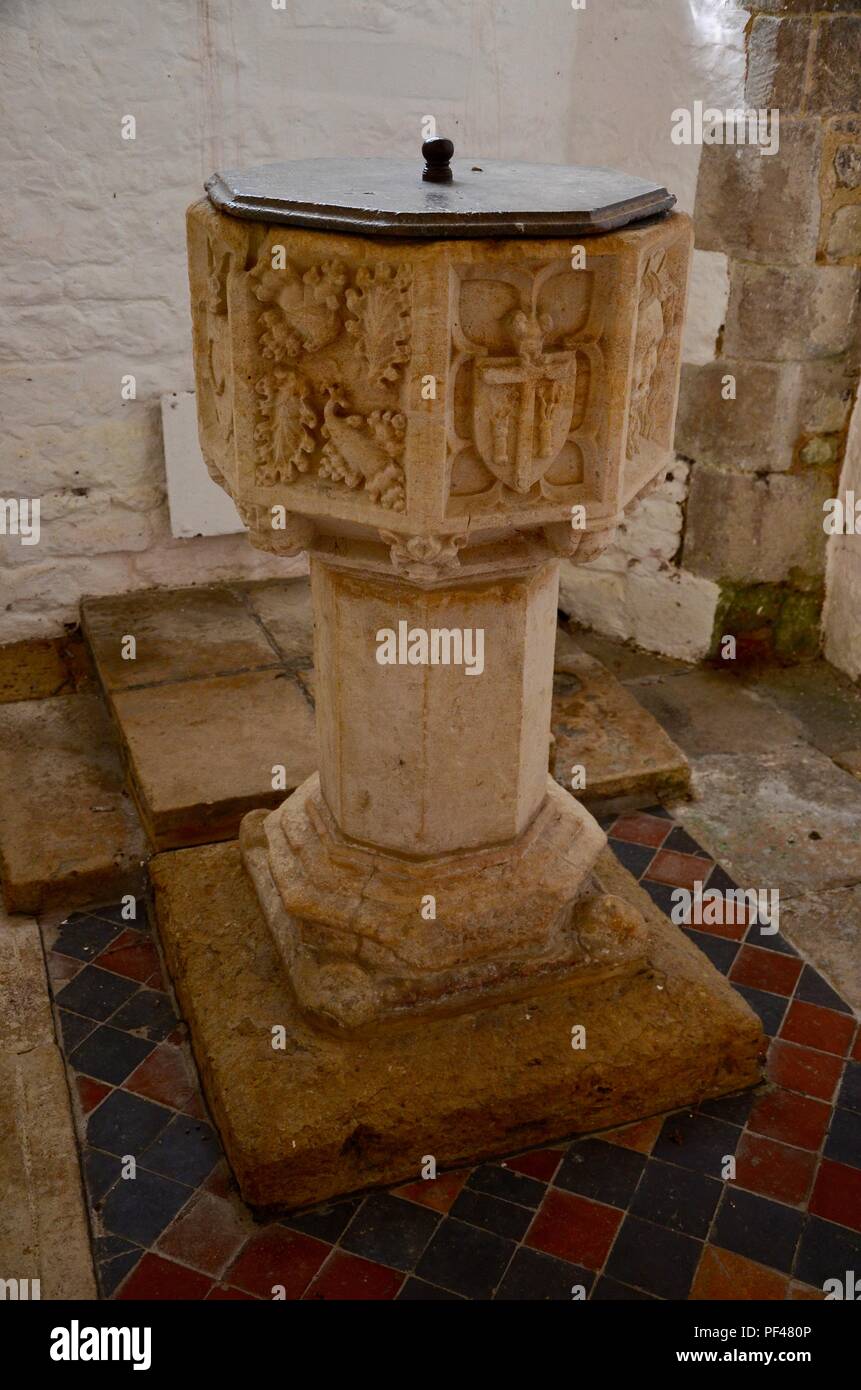 15th century font in St Lawrence's Church, Snarford, Lincolnshire, UK ...