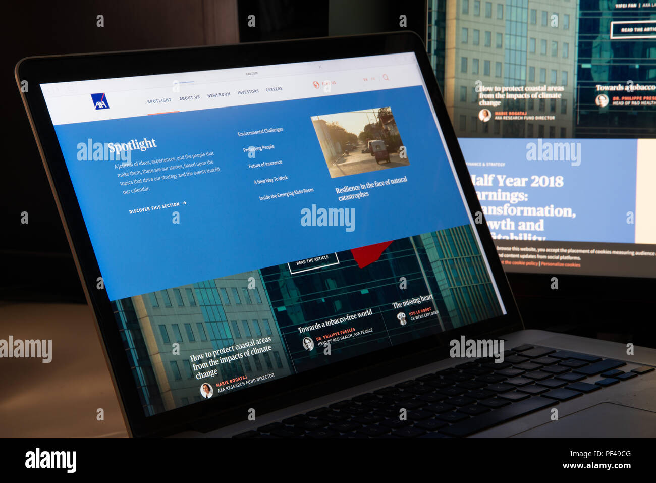 Milan, Italy - August 15, 2018: Axa insurance website homepage. Axa ...