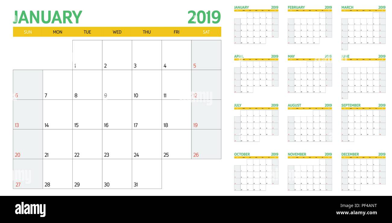 Calendar planner 2019 template vector illustration all 12 months week ...