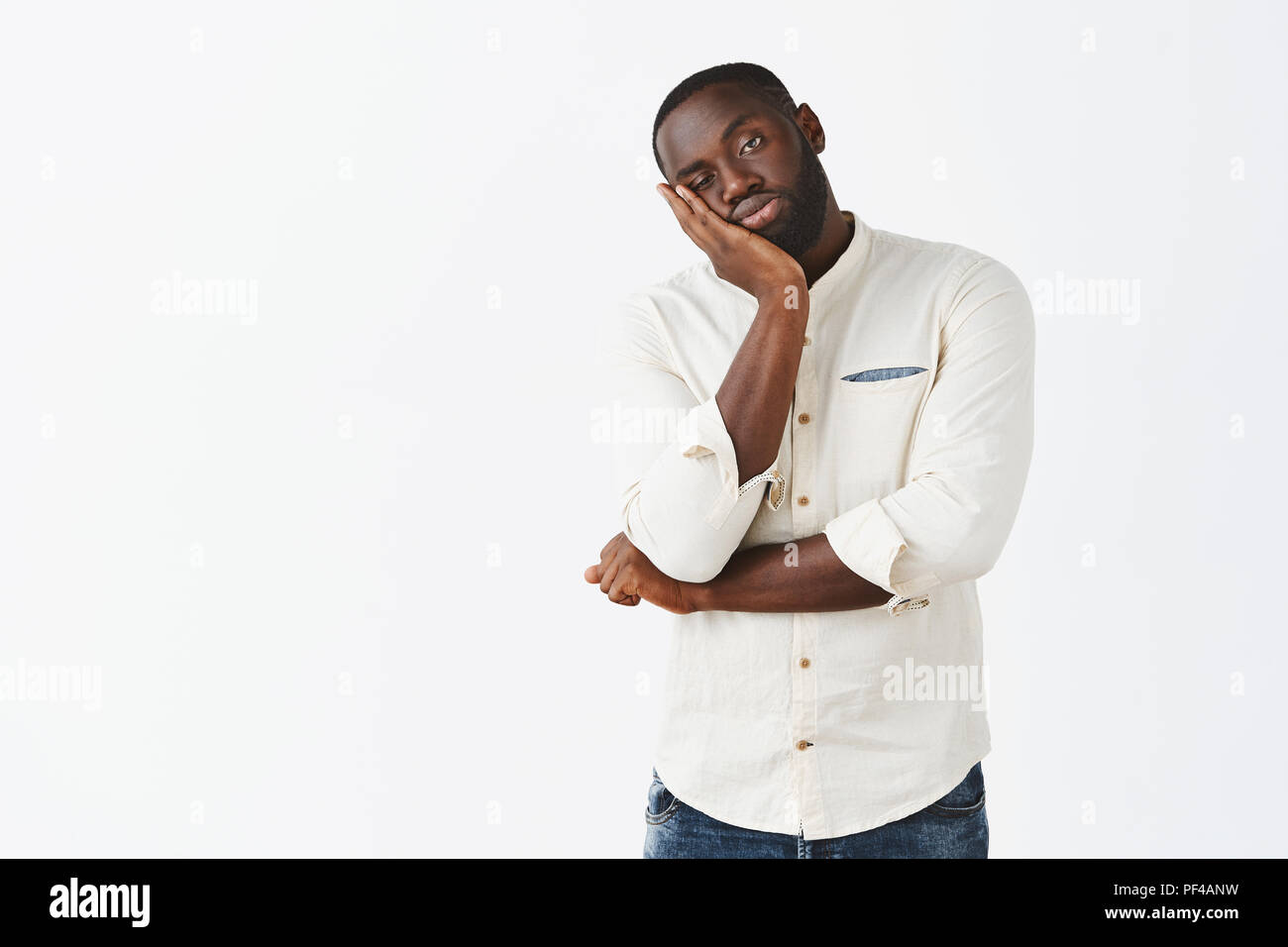 So boring, falling asleep right on foot. Portrait of uniterested tired ...