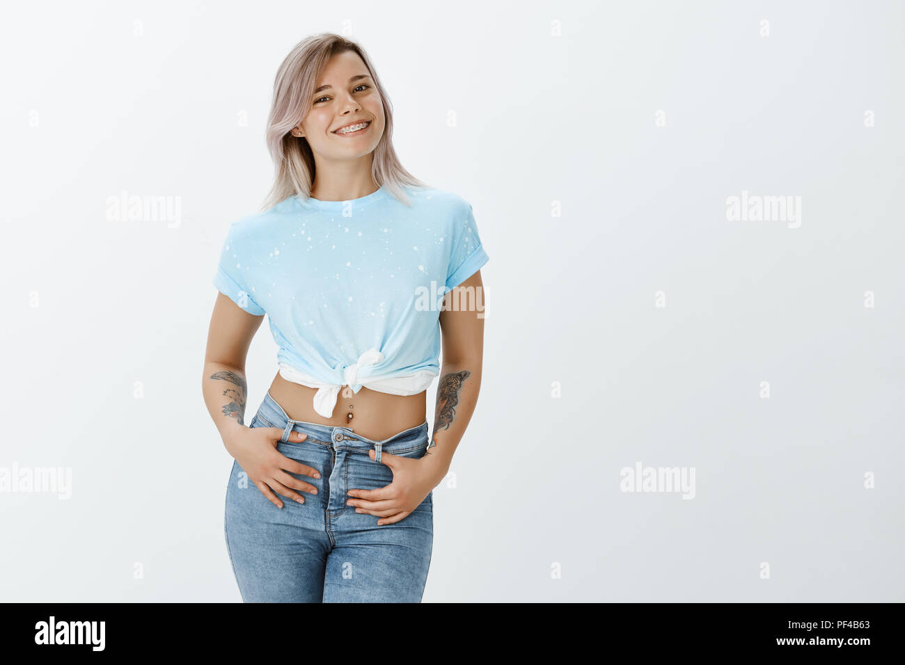 Today I am in fantastic mood. Cute stylish european woman with bracers ...