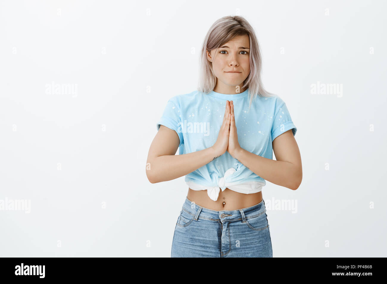 Please Help Me Out Friend Portrait Of Intense Cute European Female Coworker In Stylish Cropped