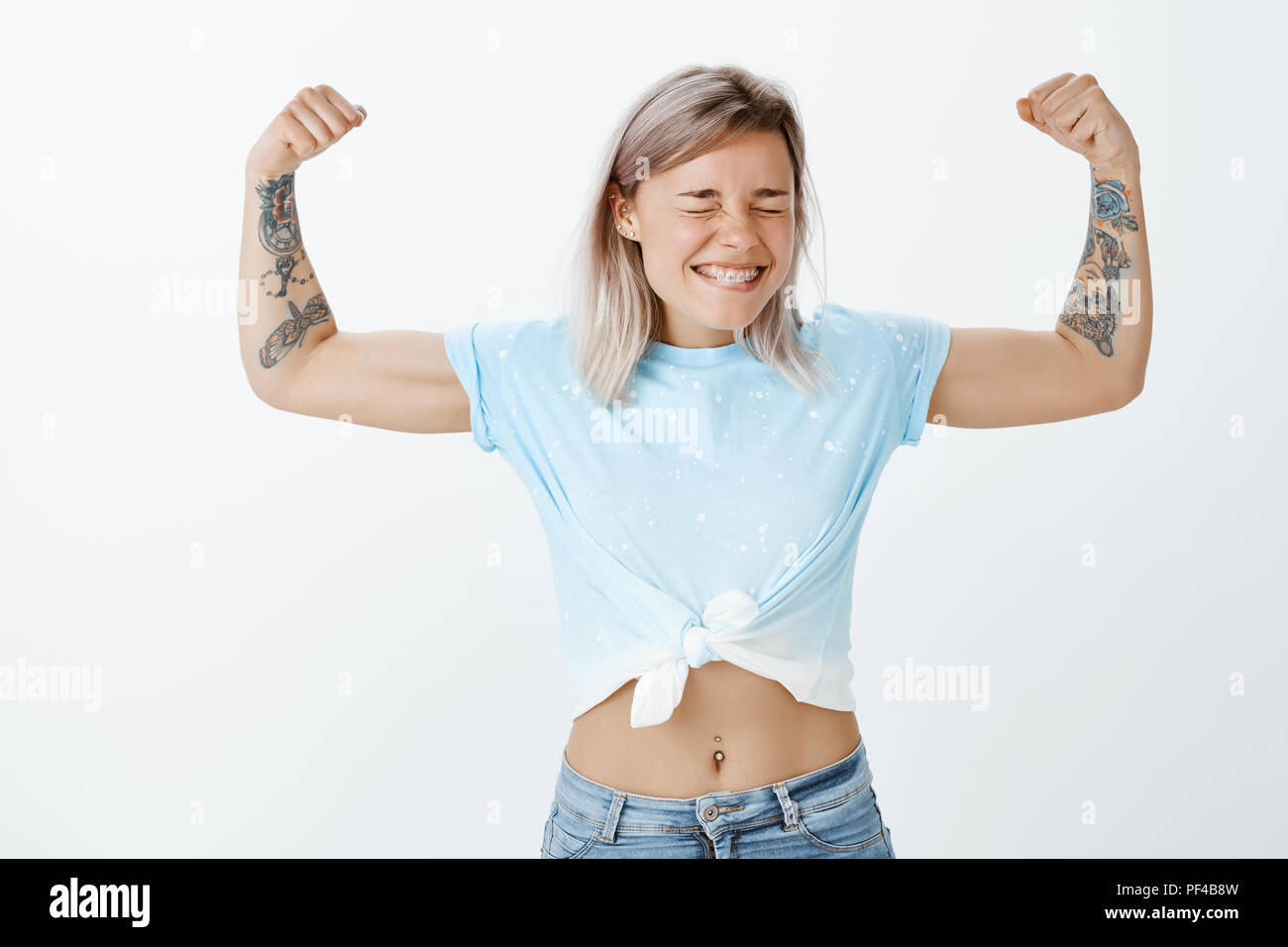 Girl power is strongest. Portrait of joyful good-looking active ...