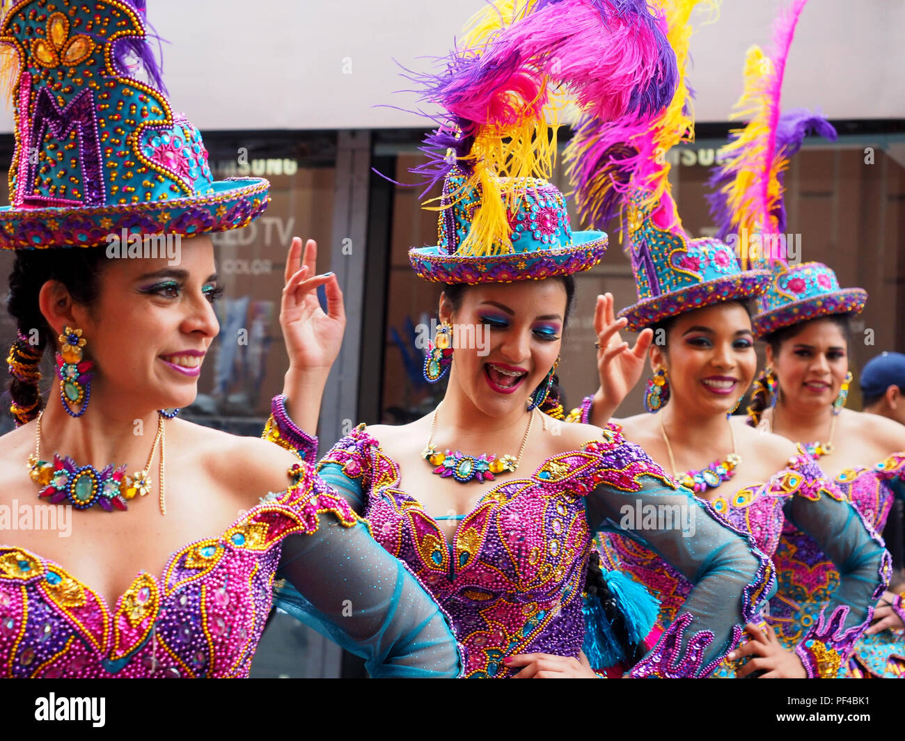 A group of girls in traditional dress dancing "Morenada" during the ...