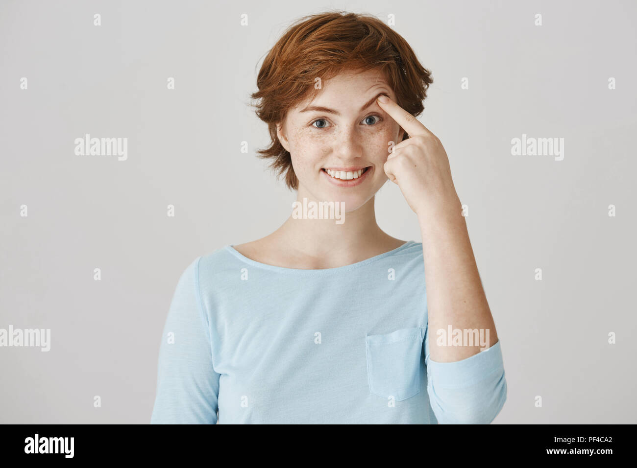 Girl Can Not Lift Her Eyebrow Without Help Of Hand Portrait Of Happy