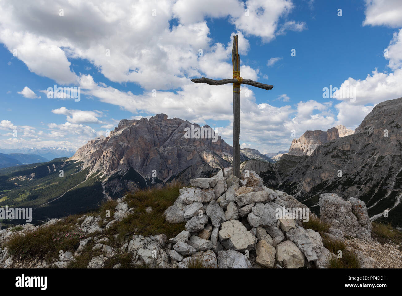 Summit cross on Piz Ciampei, Dolomites, Italy. Piz de Conturines ...