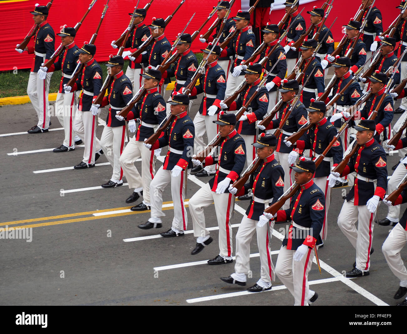 Peruvian Marines regiment Juan Fanning marching on the traditional ...