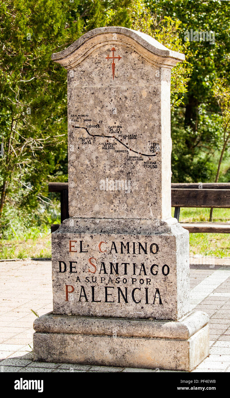 Waymarker signpost in the region of Palencia guiding pilgrims walking ...