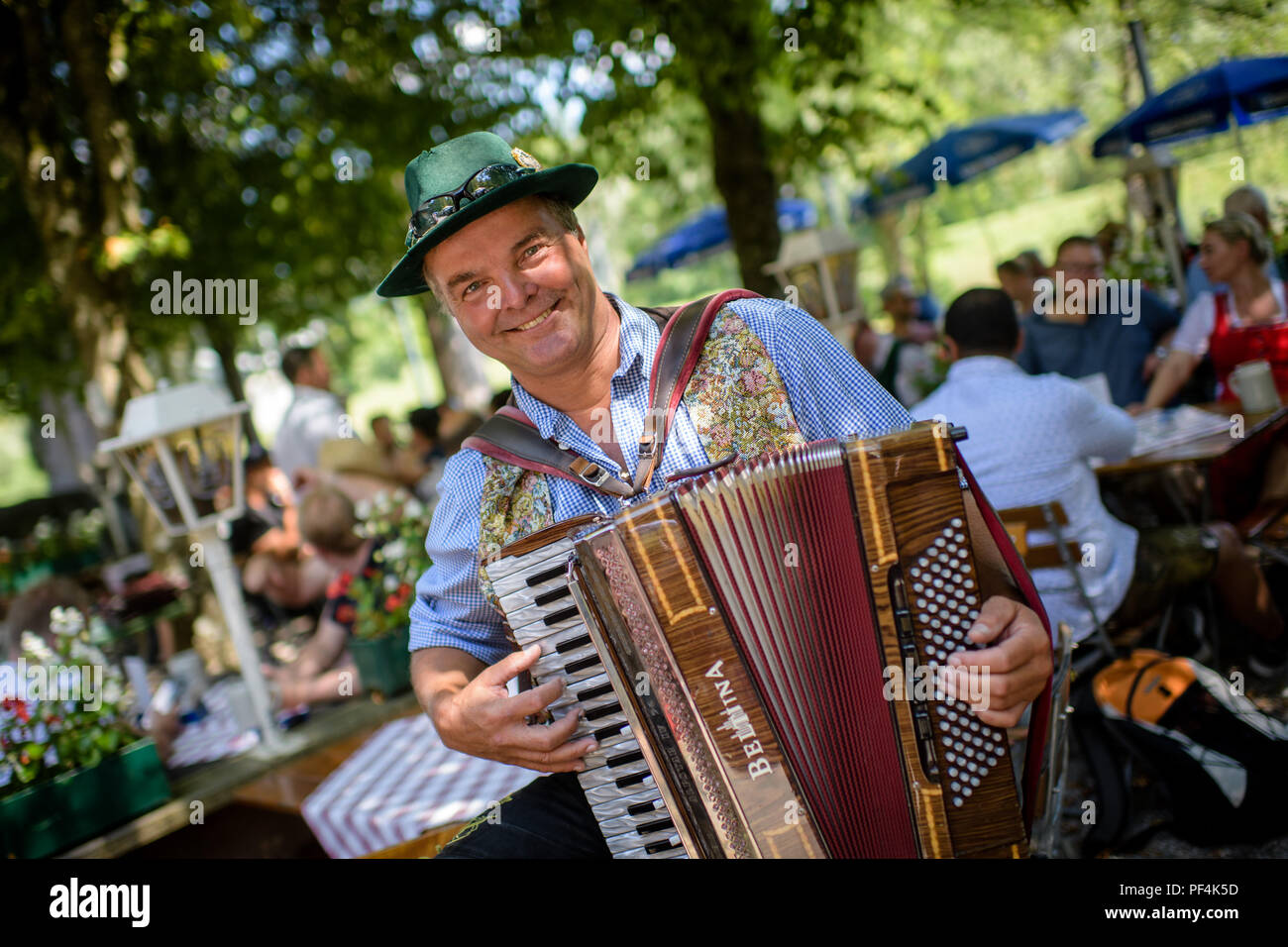Pullach, Germany. 17th Aug, 2018. Raft musician Klaus Bacher plays his ...