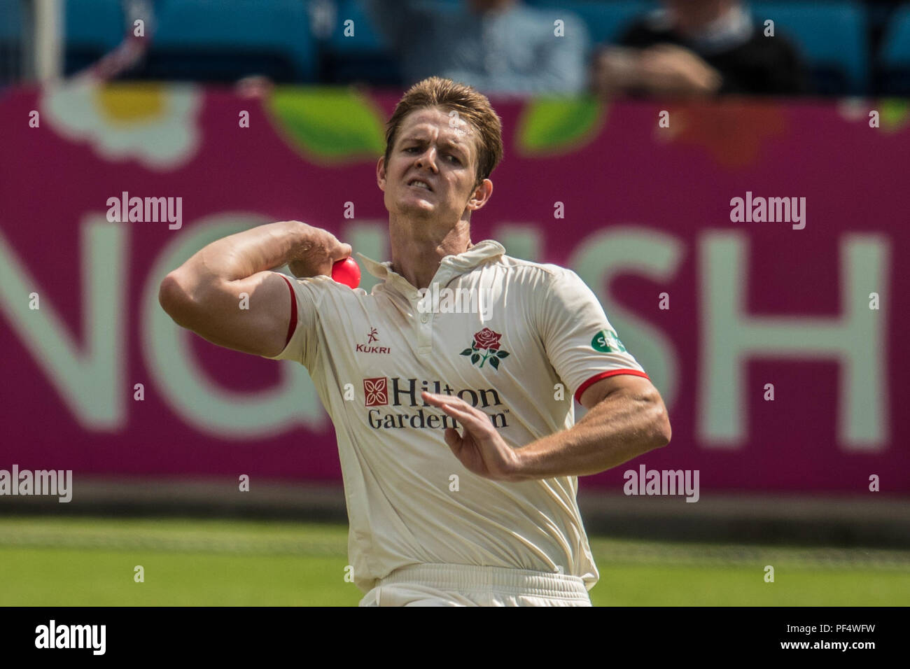 London, UK. 19 August 2018. Joe Mennie bowling for Lancashire against ...