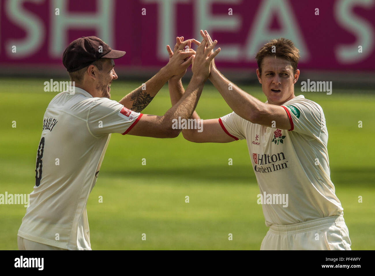 London, UK. 19 August 2018. Joe Mennie gets a wicket bowling for ...