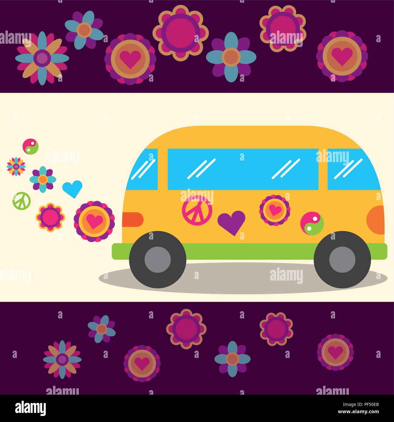 hippie free spirit van flowers festival peace sign Stock Vector Image ...