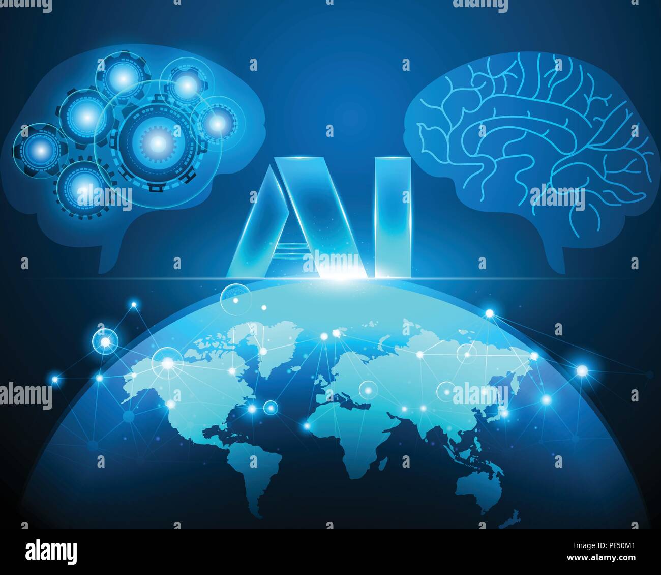 AI Artificial intelligence with World map cyber line digital and Brain ...