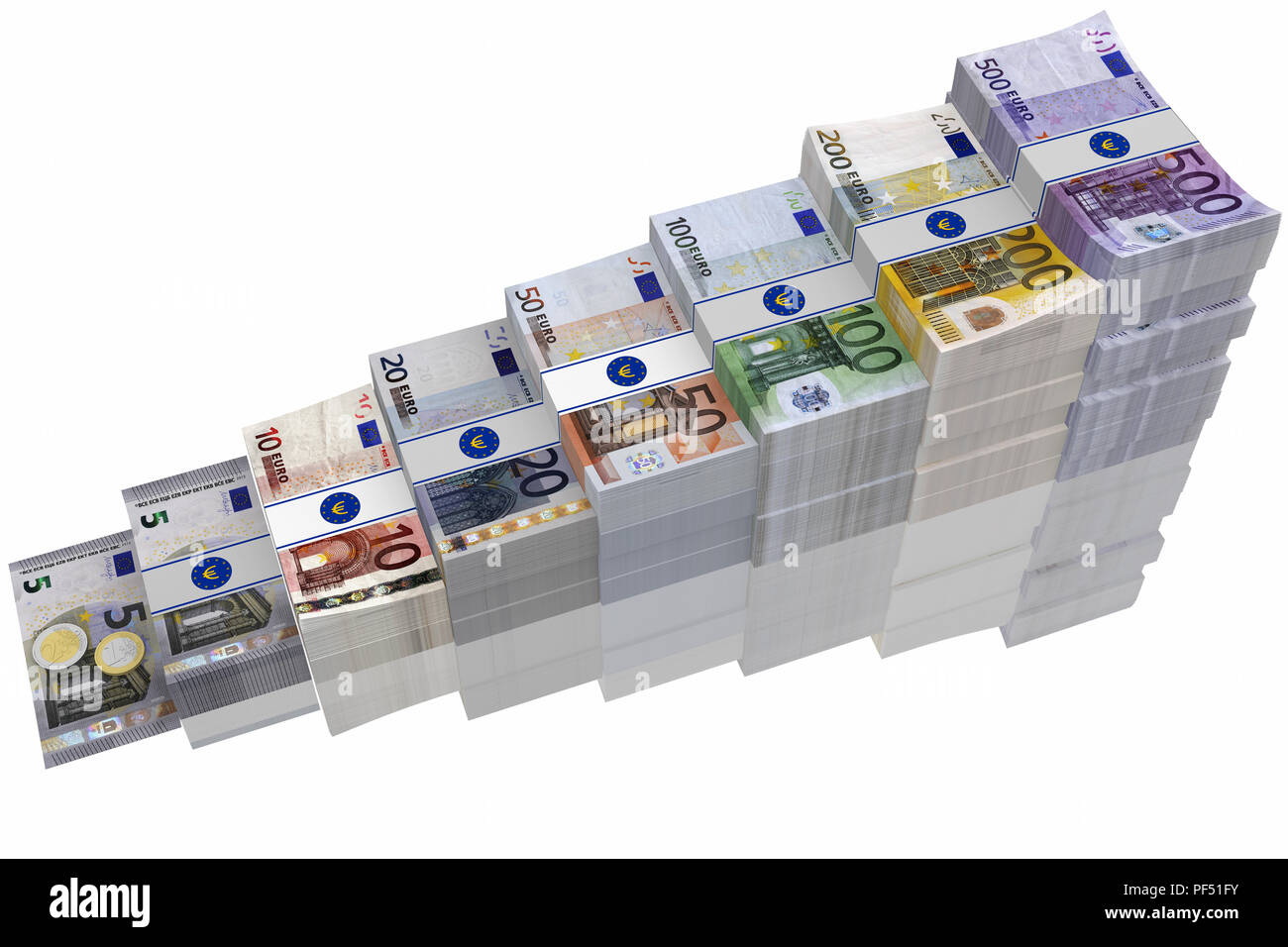 3D illustration. Euro. growing piles of banknotes on white background ...