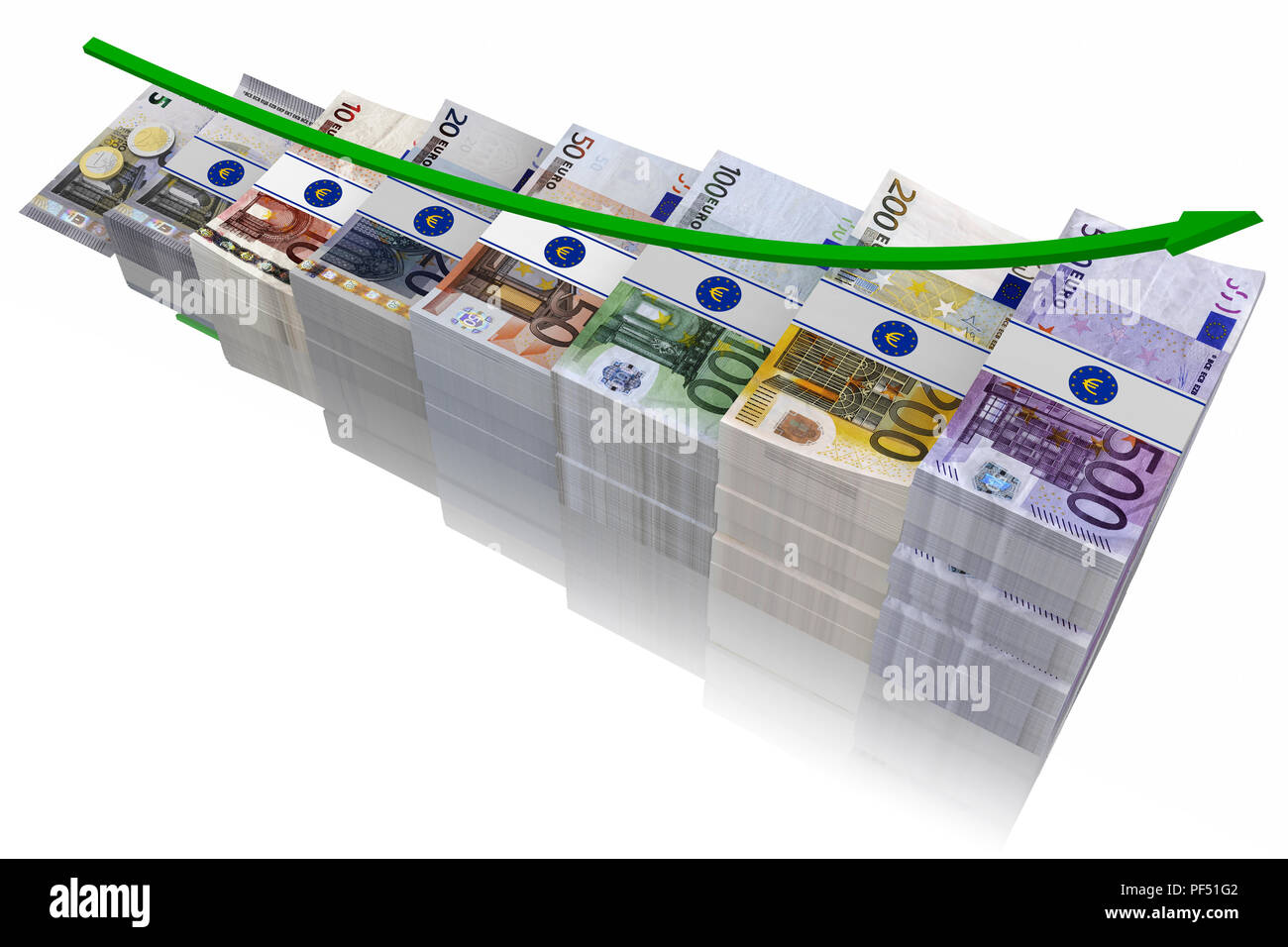 3D illustration. Stack of banknotes with graphic symbol growing Stock ...