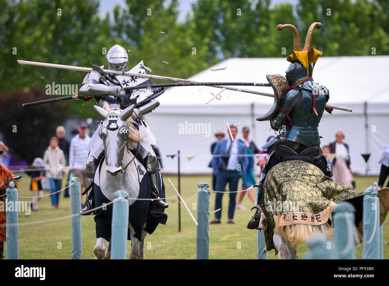 Two knights compete during re-enactment of medieval jousting tournament ...