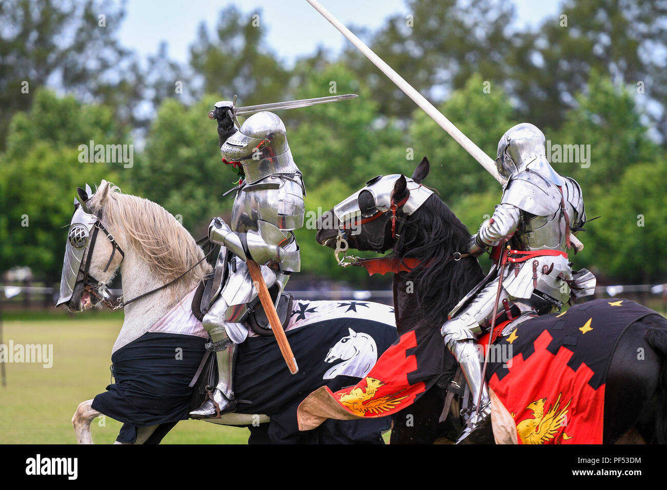 Two knights compete during re-enactment of medieval jousting tournament ...