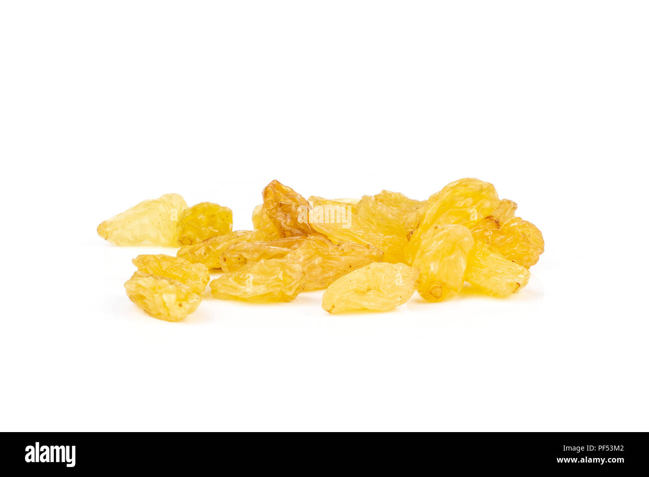 Lot of whole dry golden raisins sultana variety isolated on white ...