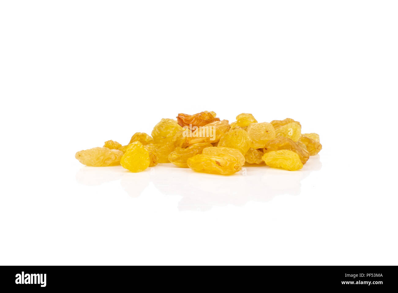 Lot of whole dry golden raisins sultana variety isolated on white ...
