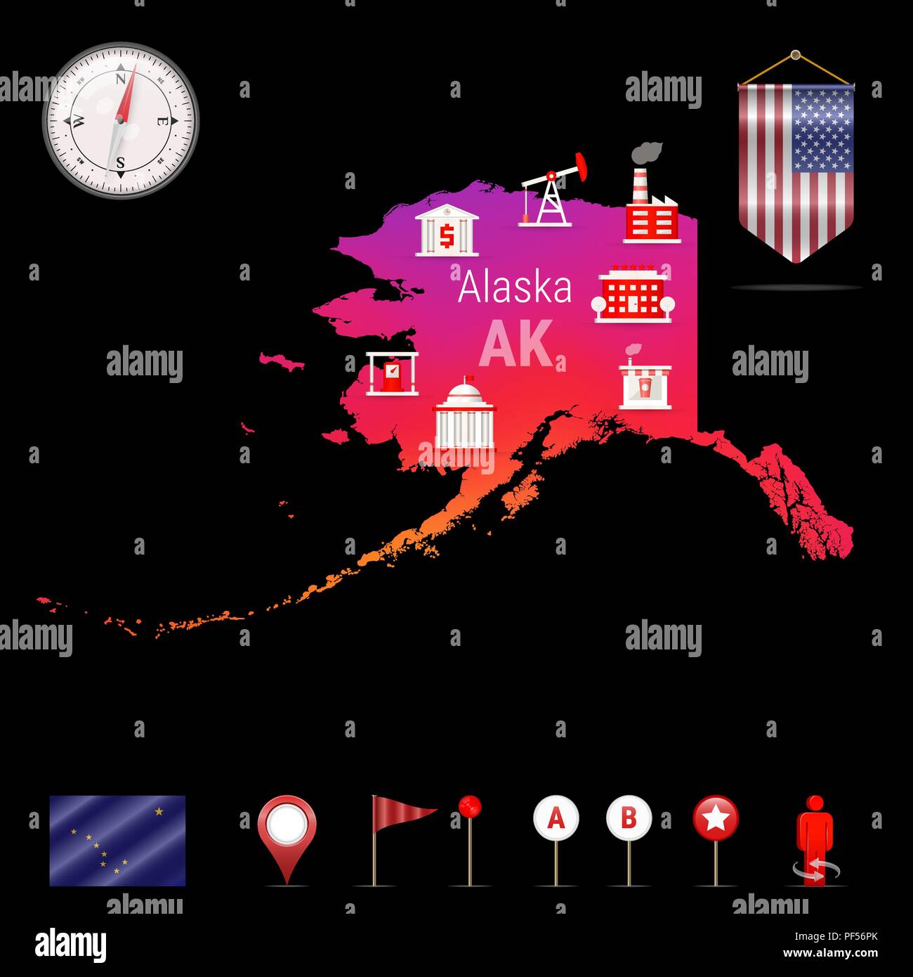 Alaska Vector Map, Night View. Compass Icon, Map Navigation Elements ...