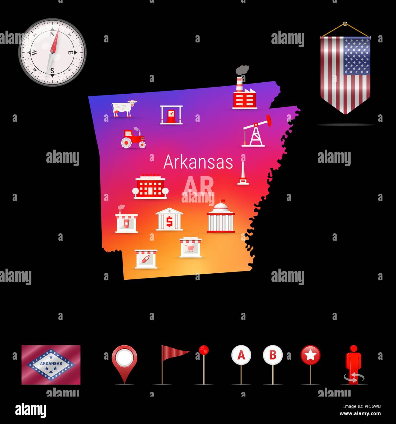 Arkansas Vector Map, Night View. Compass Icon, Map Navigation Elements ...