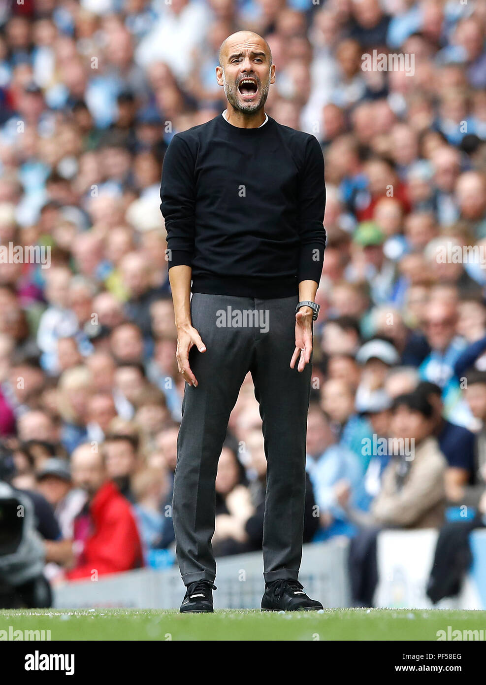 Manchester City manager Pep Guardiola gestures on the touchline during ...