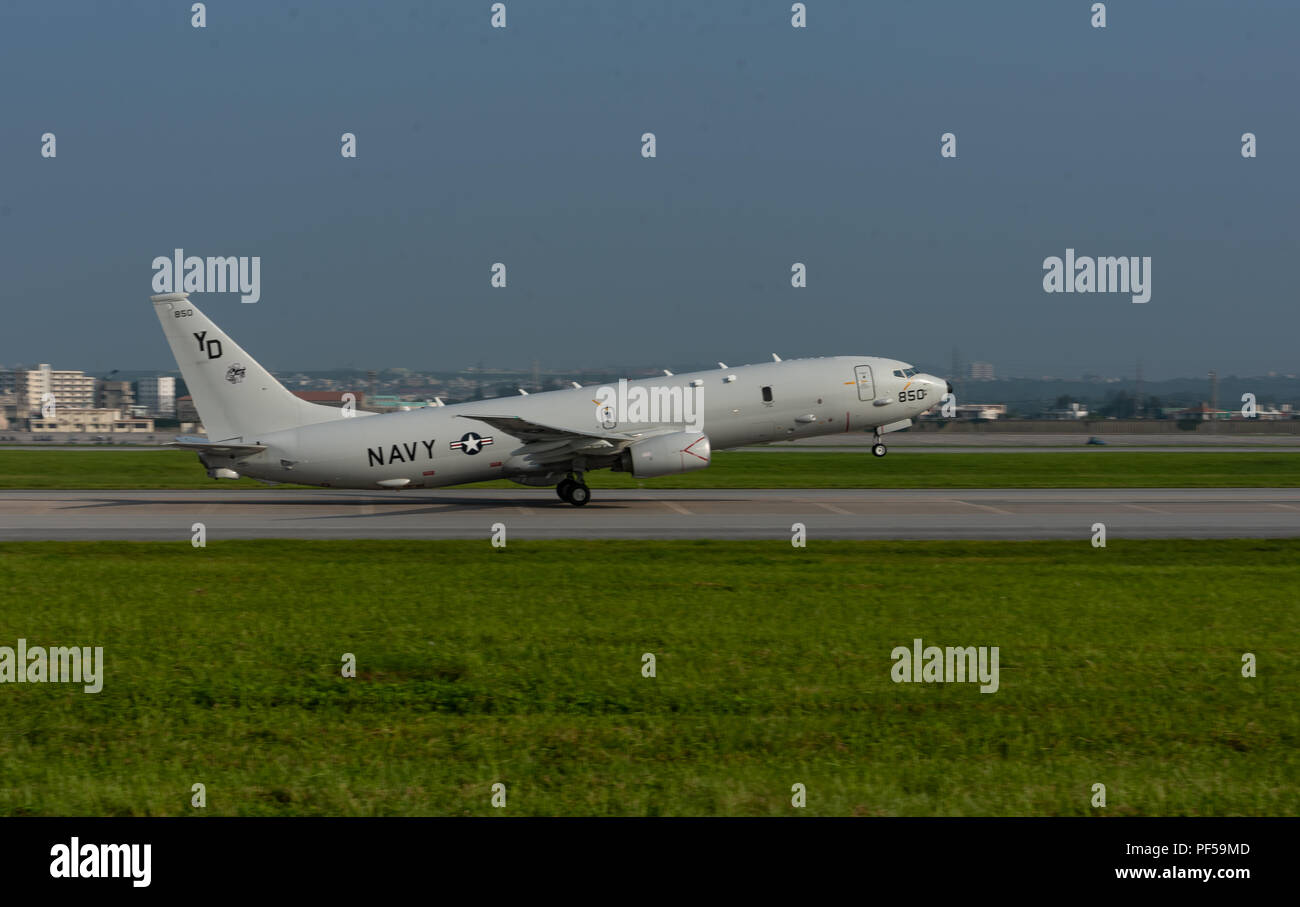 A U.S. Navy P-8A Poseidon takes off Aug. 10, 2018, from Kadena Air Base ...