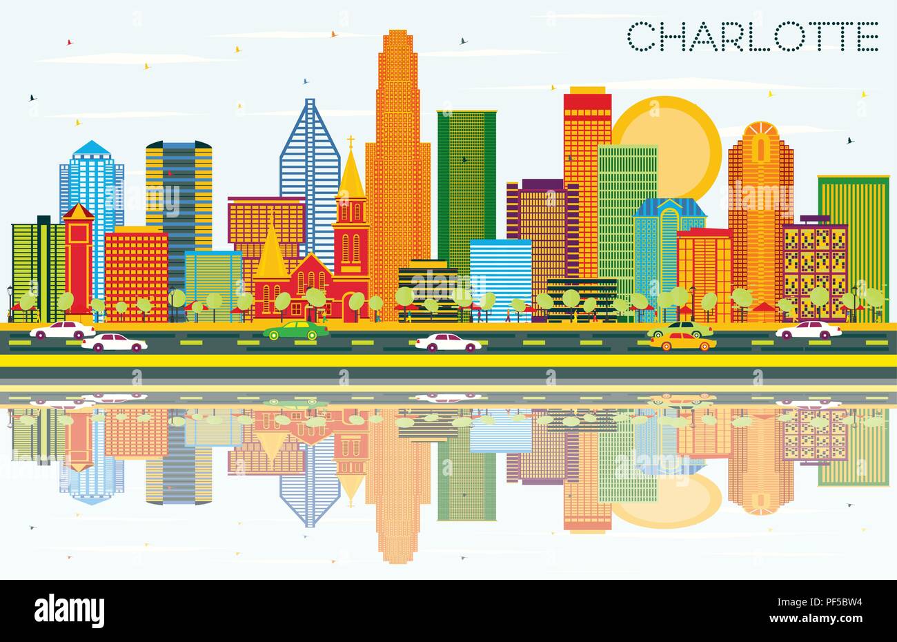 Charlotte North Carolina City Skyline with Color Buildings, Blue Sky ...