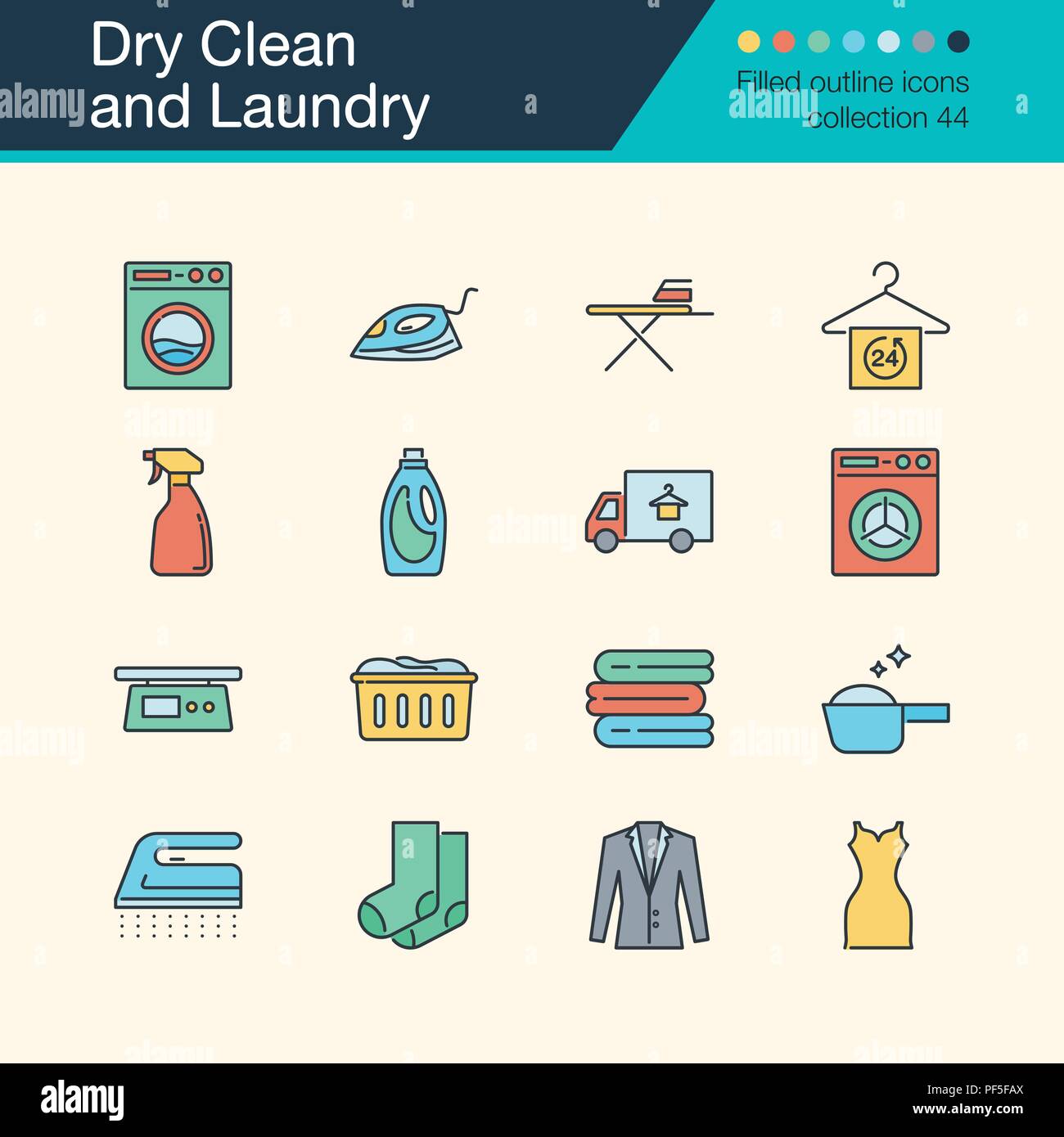 Dry Clean and Laundry icons. Filled outline design collection 54. For ...
