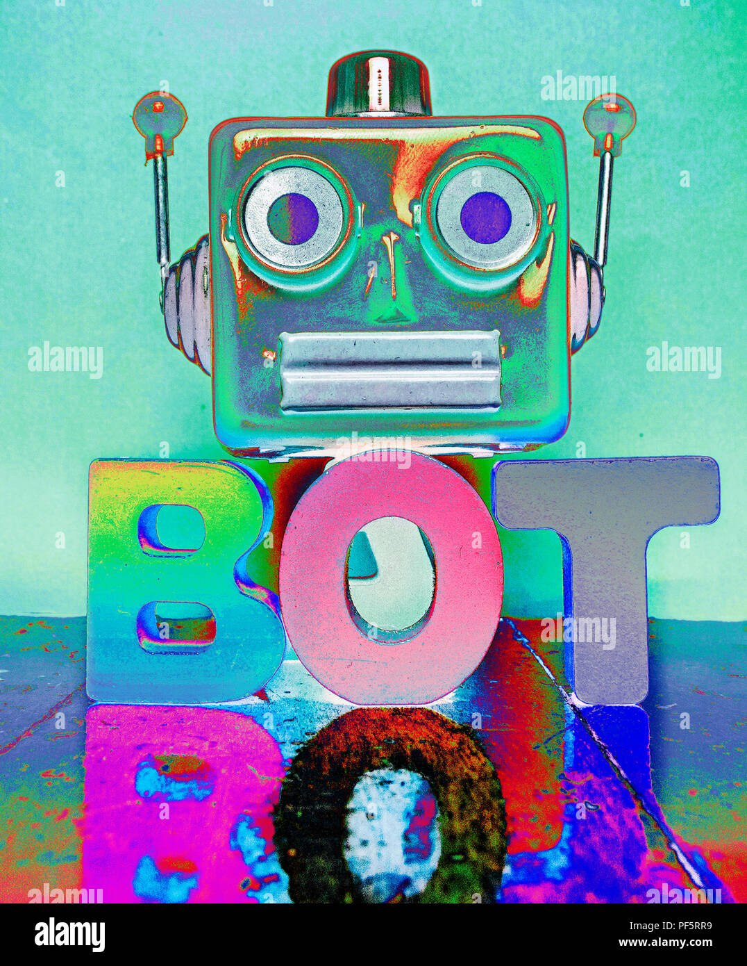 red robot head and the word BOT on a wooden floor with reflection Stock ...