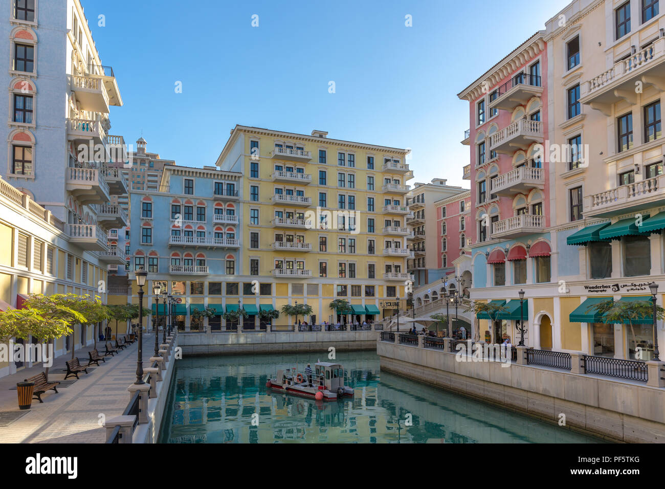The canals of Venice like Qanat Quartier at the Pearl in Doha, Qatar in ...